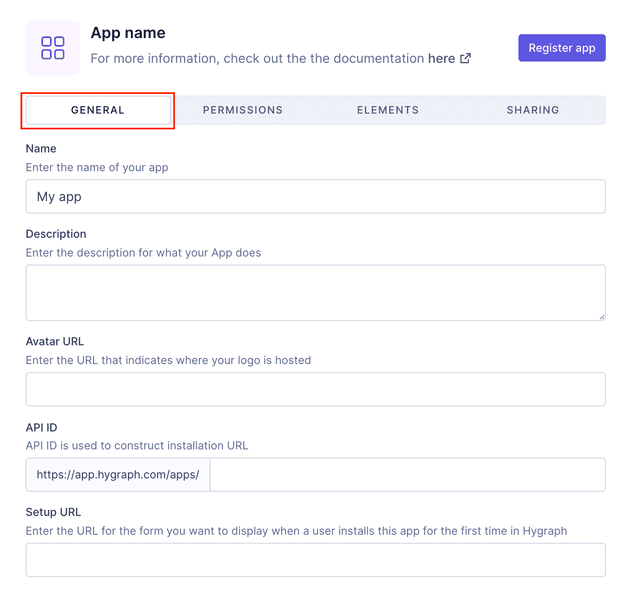 Register your app example for the App Framework | Hygraph