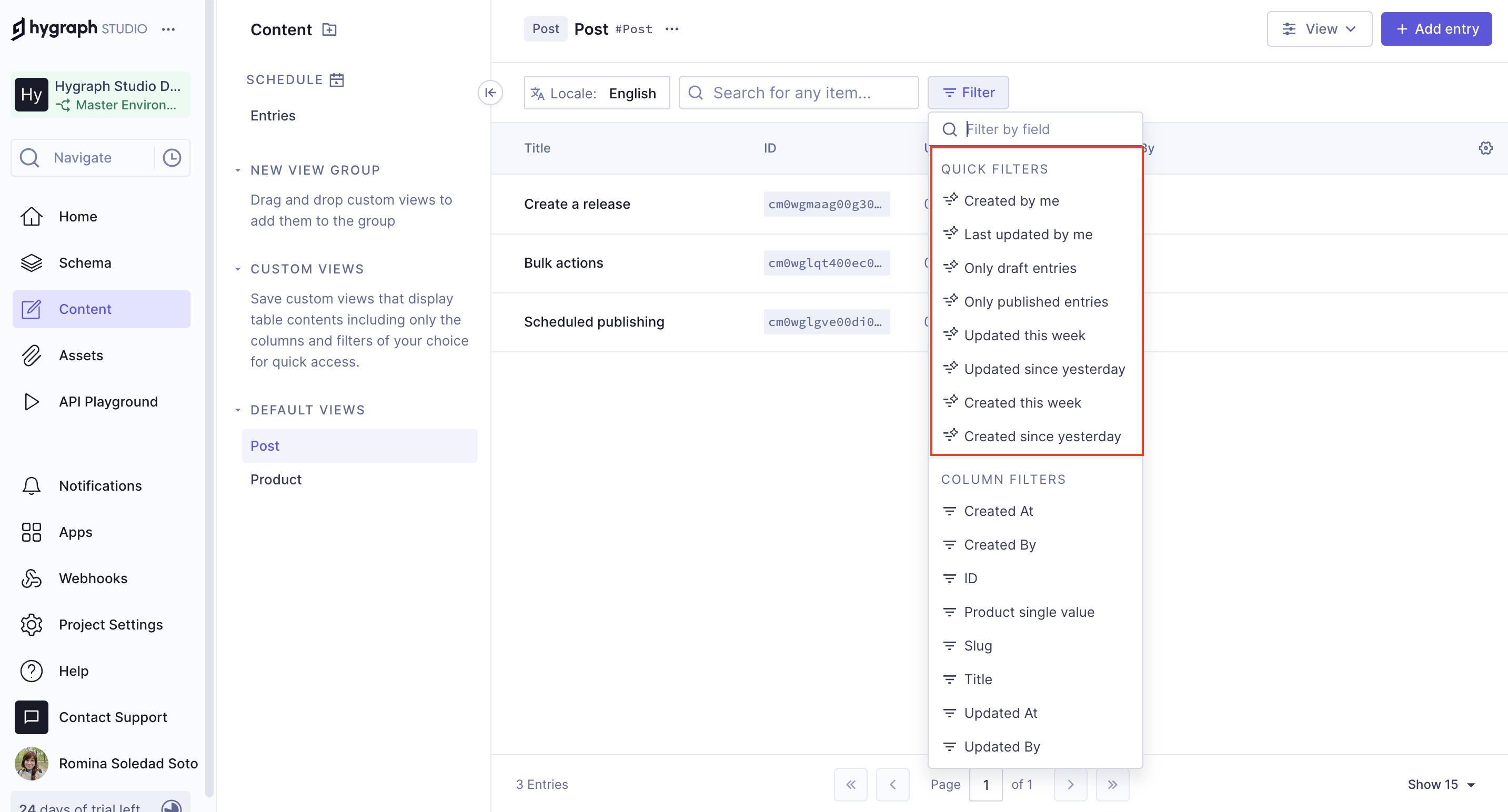 Learn more about using quick filters & adjusting filters manually | Hygraph